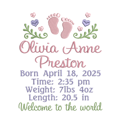 Baby Birth Announcement Custom Embroidery Design | Rosieday Embroidery ...